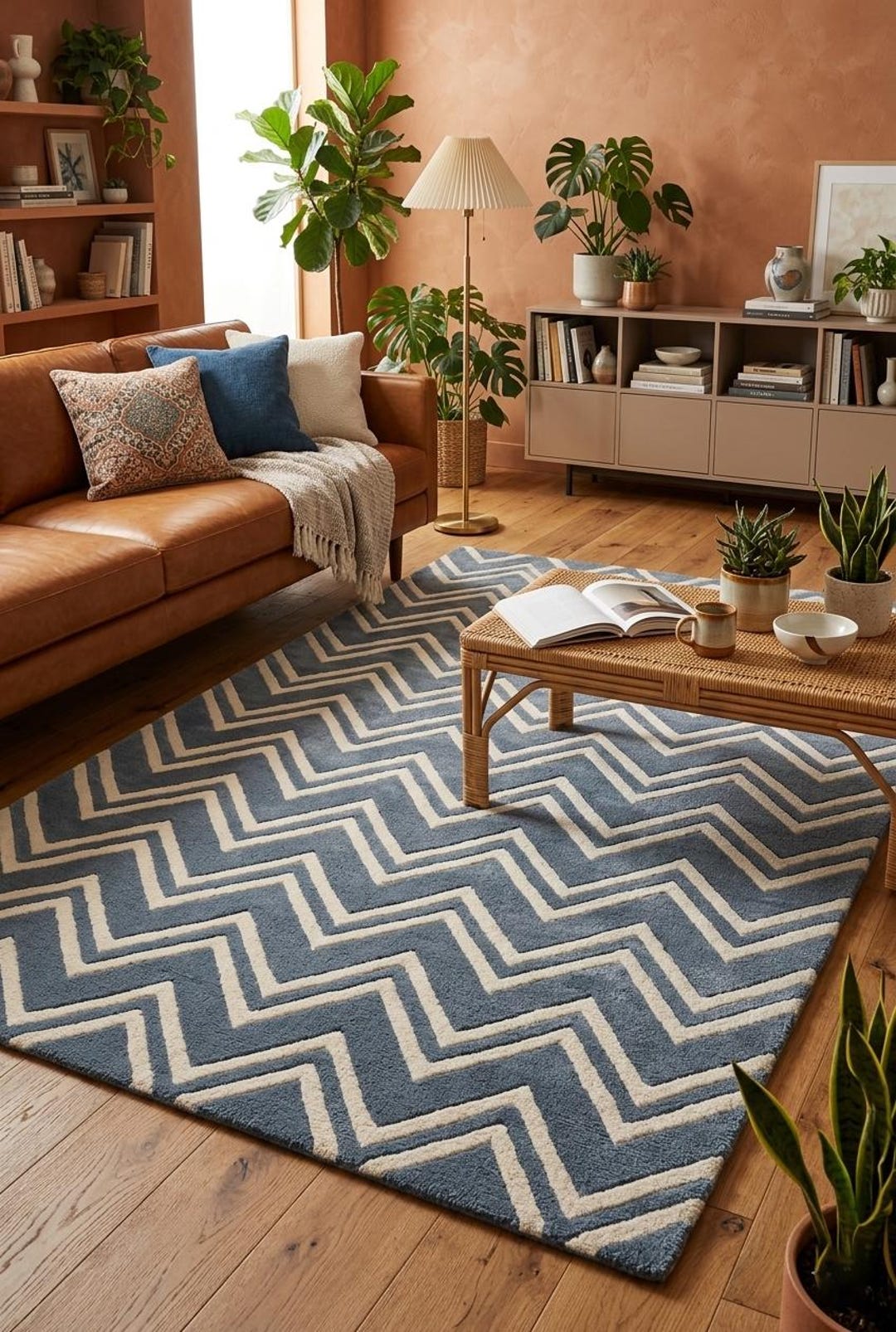 Hand Tufted Blue Chevron Rug | Cream Zigzag Geometric Area Carpet ...