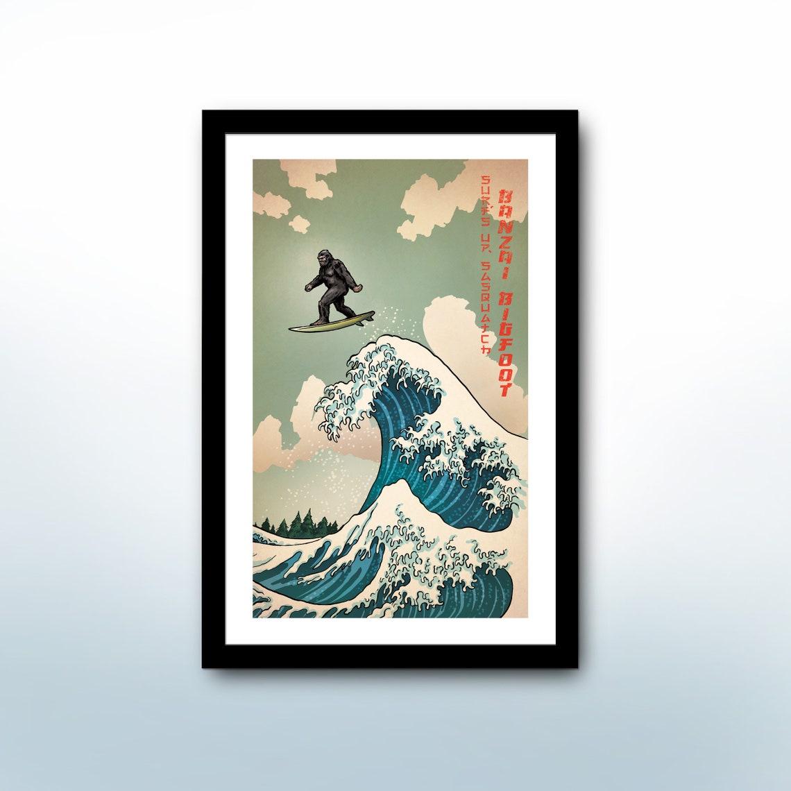 SURFS UP SASQUATCH - Great Wave Big Surf Art Print 11x17 by Rob Ozborne ...
