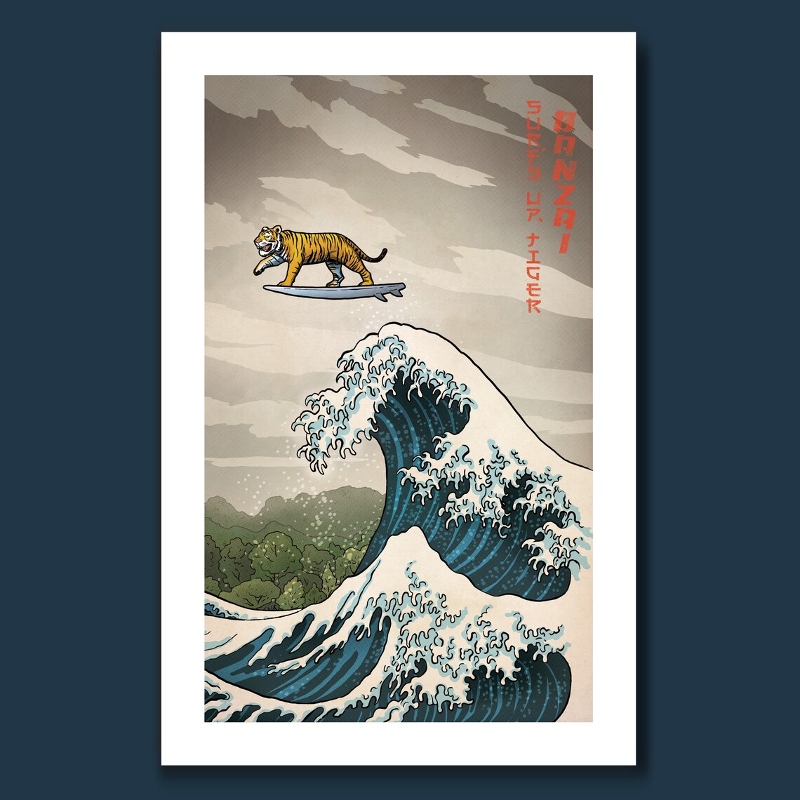 SURFS UP TIGER Great Wave Big Surf Art Print 11x17 by Rob | Etsy