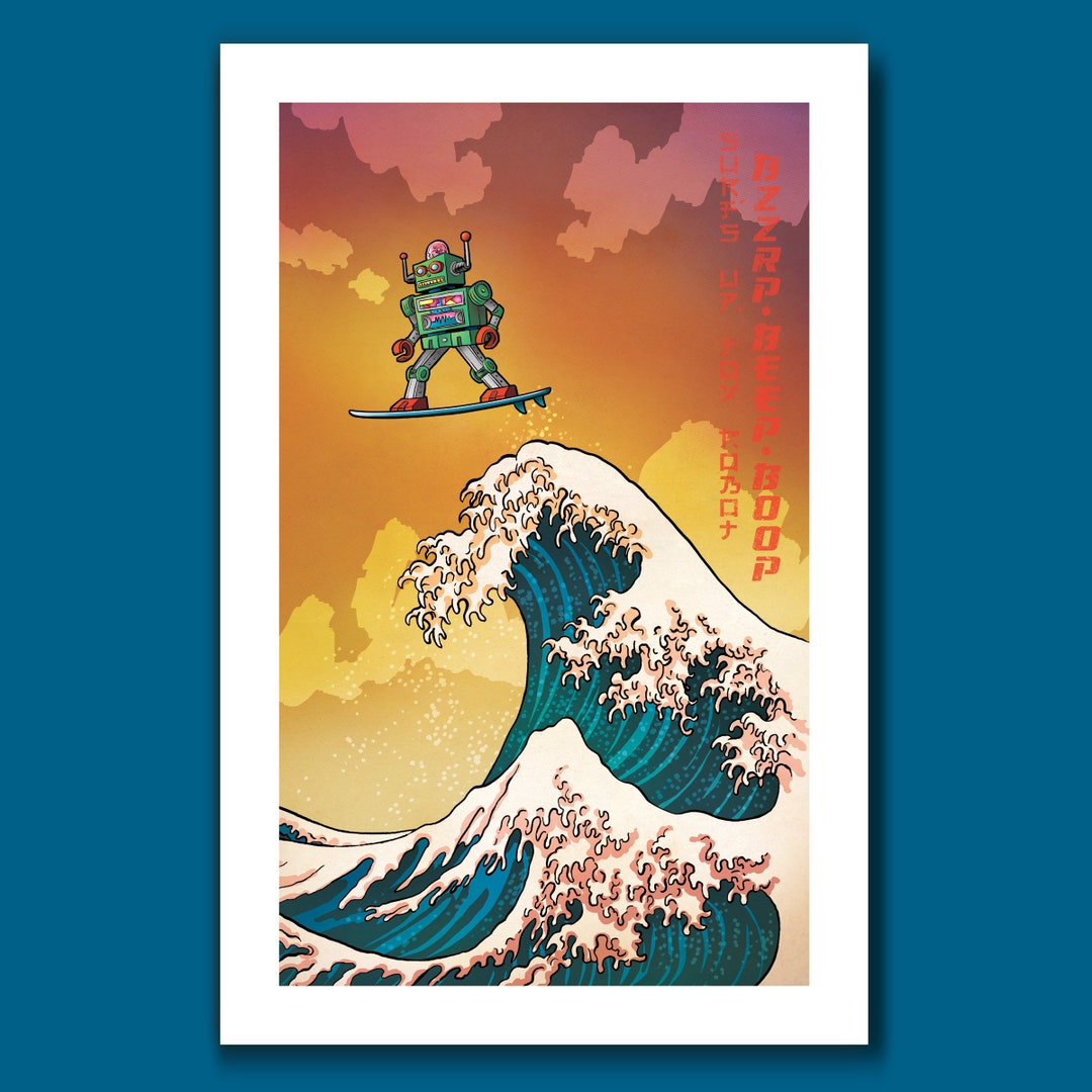 SURFS UP ROBOT - Great Wave Big Surf - Vintage Toy Robot Art Print ...
