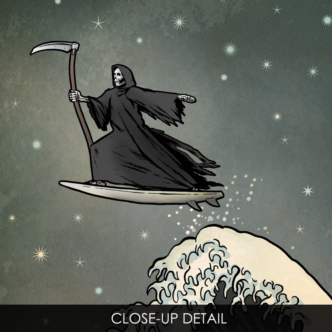 SURFS UP REAPER - Grim Reaper Surfing - Great Wave Big Surf Art Print ...