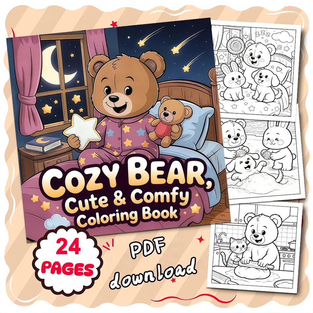 Cozy Bear Coloring Book, 24 Animal Pages for Kids (PDF Download) - Etsy