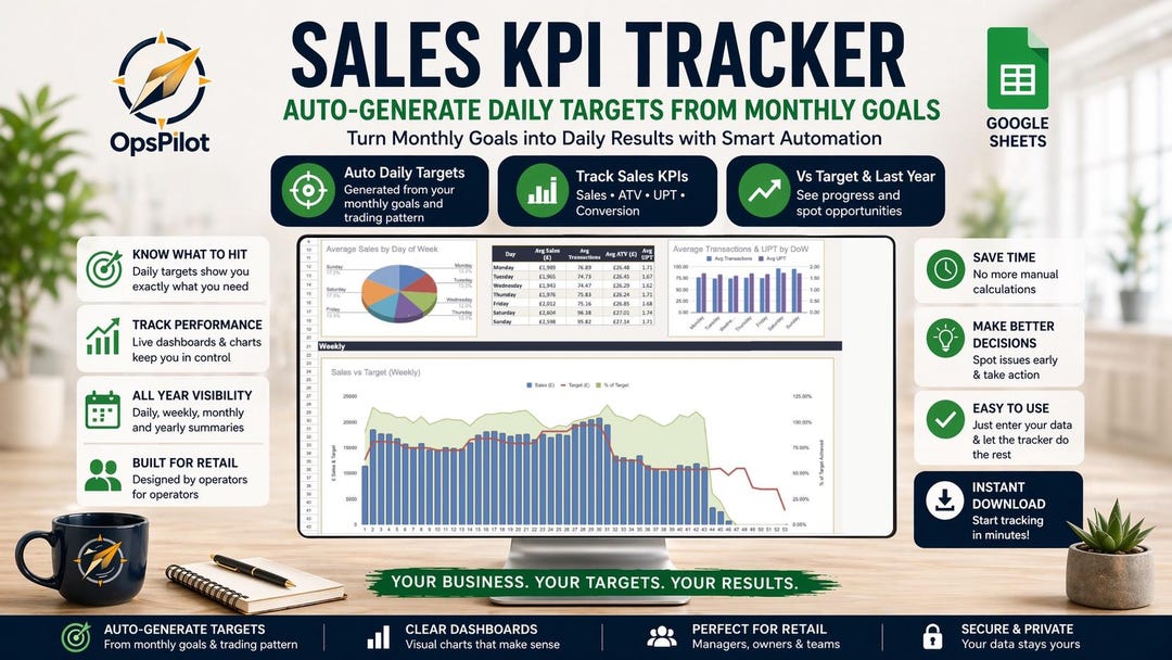 KPI Tracker | Sales Dashboard Template | Daily Sales Target Spreadsheet ...