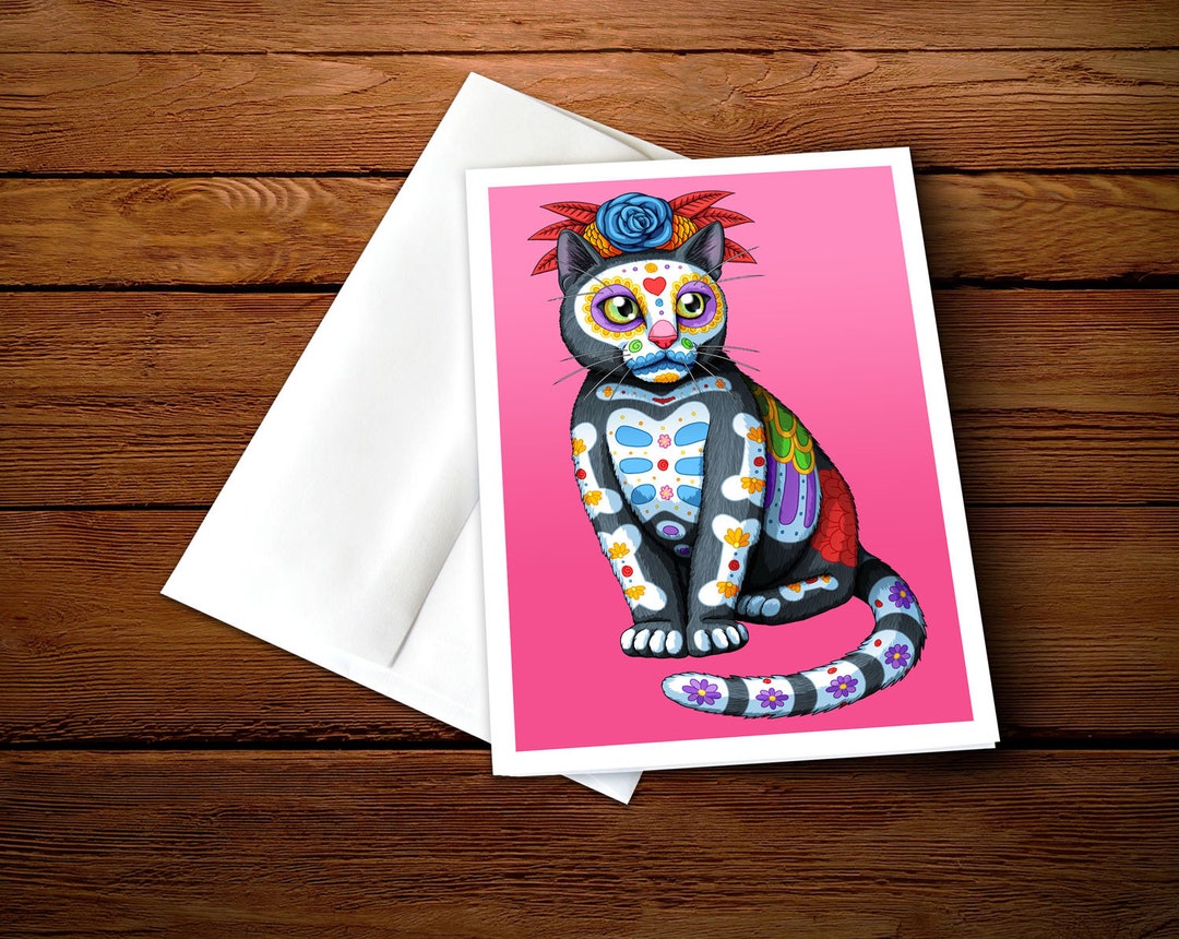 5 X 7" Day of the Dead Grey Cat Greeting Card - "lucy" - Etsy
