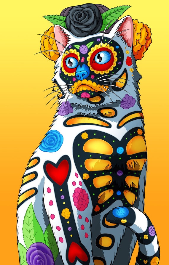 Day of the Dead White Cat Art Print blancura - Etsy