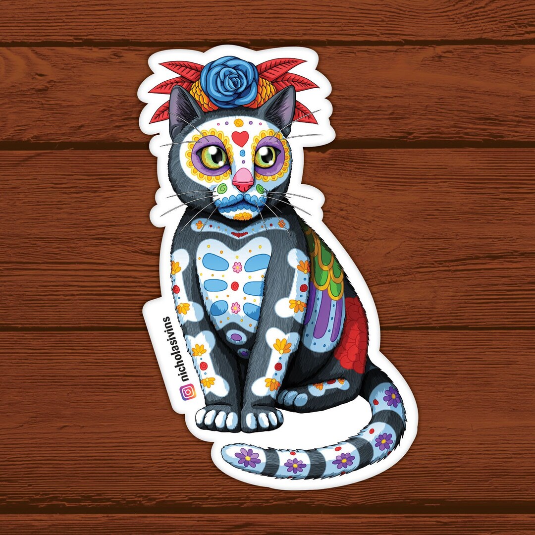 Day of the Dead Grey Cat Sticker - "lucy" - Etsy