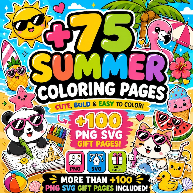 75 Summer Coloring Pages for Kids & Adults, Cute Bold Easy Coloring ...