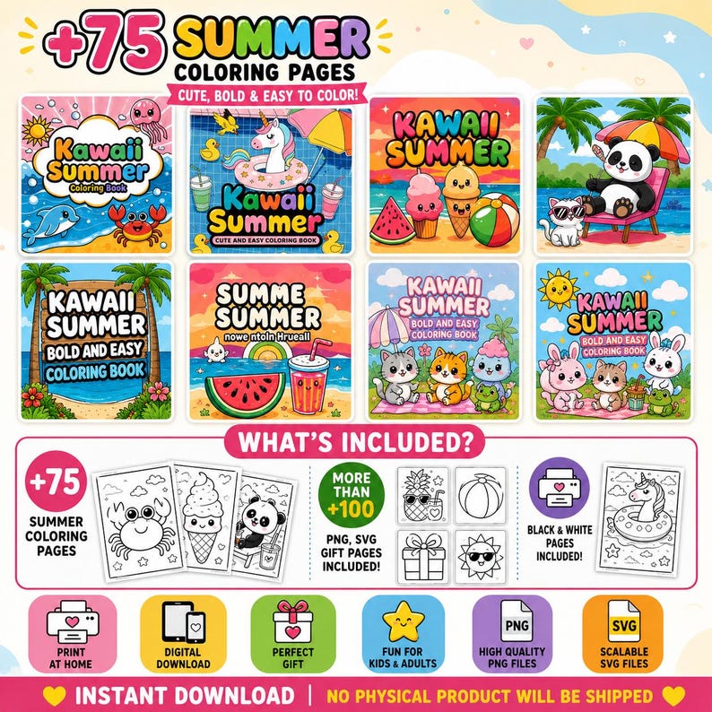 75 Summer Coloring Pages for Kids & Adults, Cute Bold Easy Coloring ...