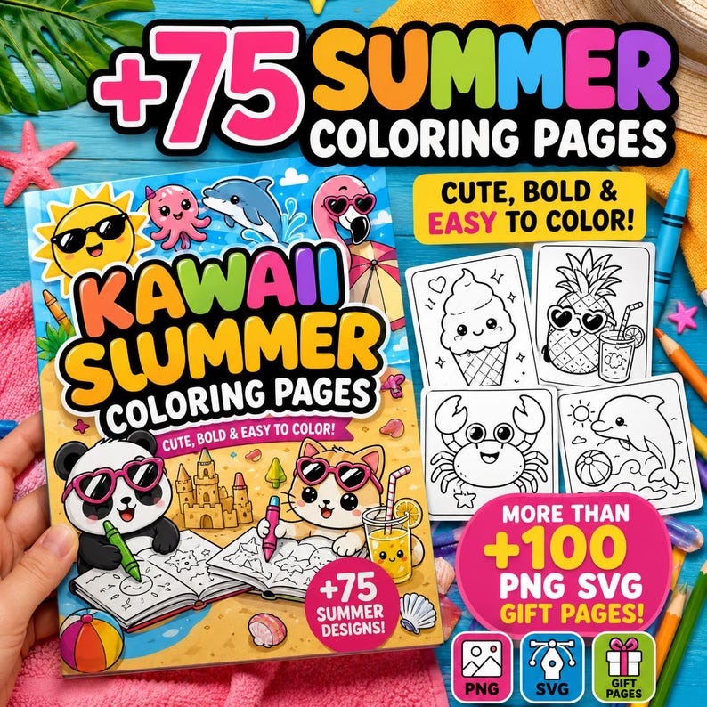 75 Summer Coloring Pages for Kids & Adults, Cute Bold Easy Coloring ...
