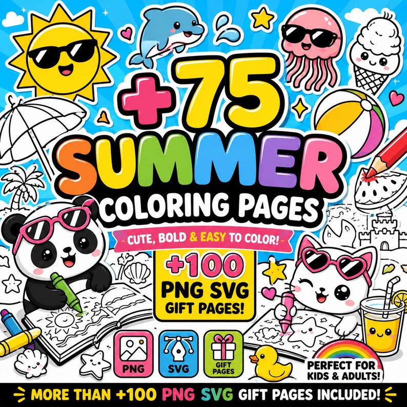 75 Summer Coloring Pages for Kids & Adults, Cute Bold Easy Coloring ...