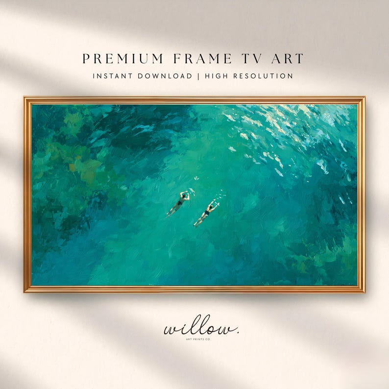 Abstract Swimmers Samsung Frame TV Art, Turquoise Ocean Oil Painting ...