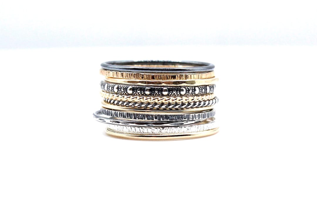 Mixed Metal Stacking Rings Set | 11 Gold + Silver Bands | Modern Slim ...