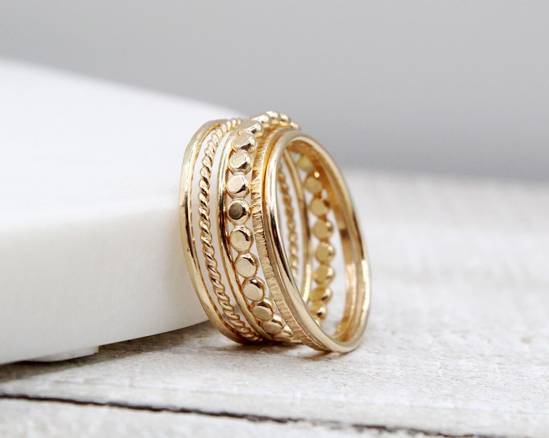 Gold Textured Stacking Rings, Set of 6 Rings, 14k Gold Filled Stackable Rings, Dot Ring, Twist ...