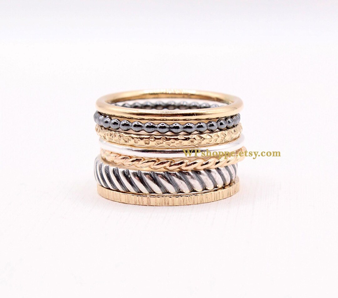 Set of 7 Mixed Metal Stacking Rings. Striking Ring Stack of Sterling ...