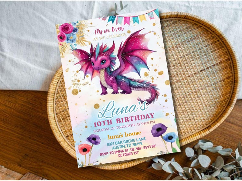 Editable Purple Dragon Invitation, Girl Dragon Birthday Party ...