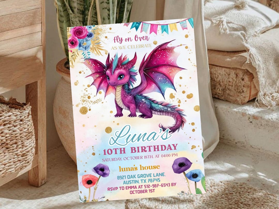 Editable Purple Dragon Invitation, Girl Dragon Birthday Party ...