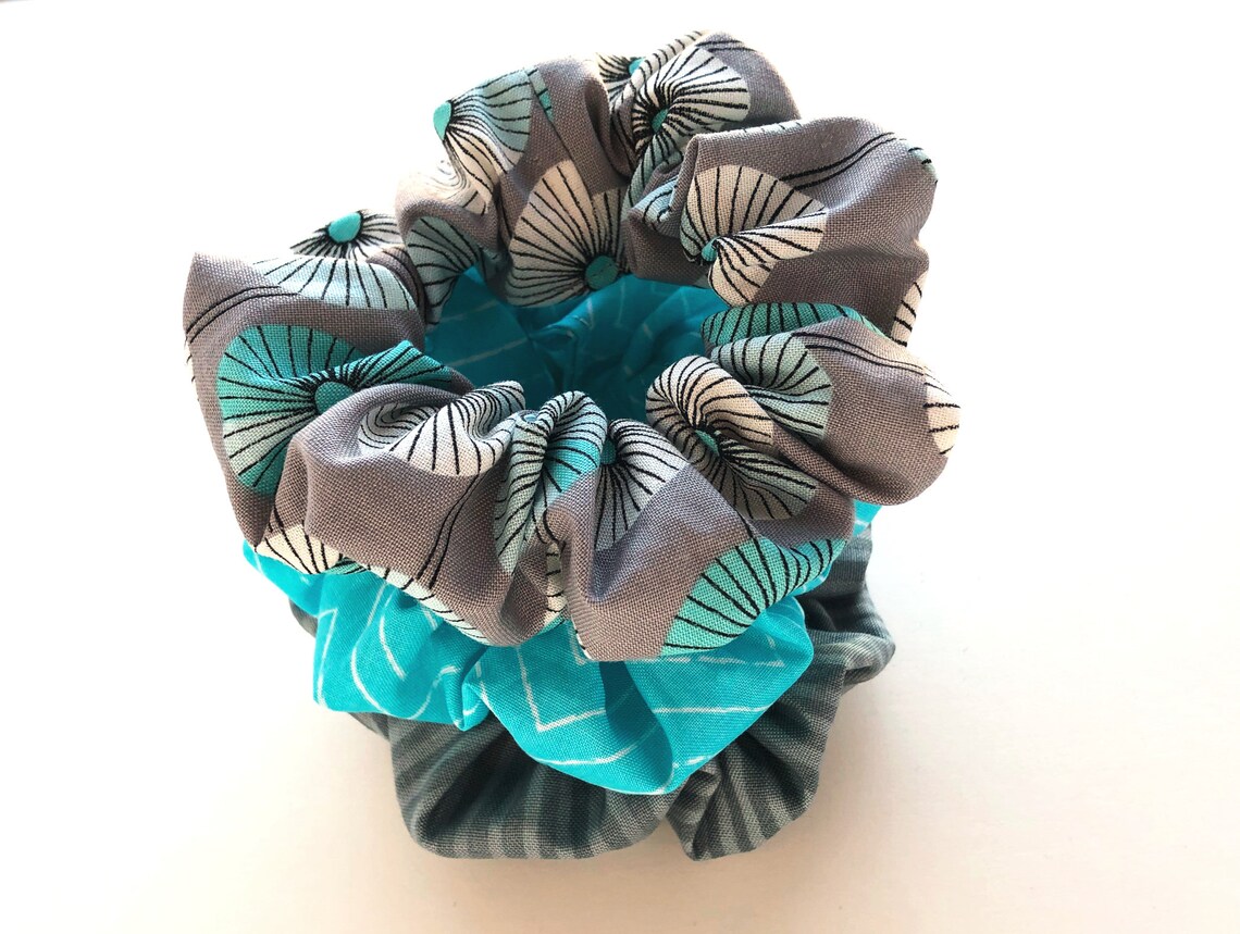 Organic Hair Scrunchies Set of 3 Gray Aqua Blue White - Etsy