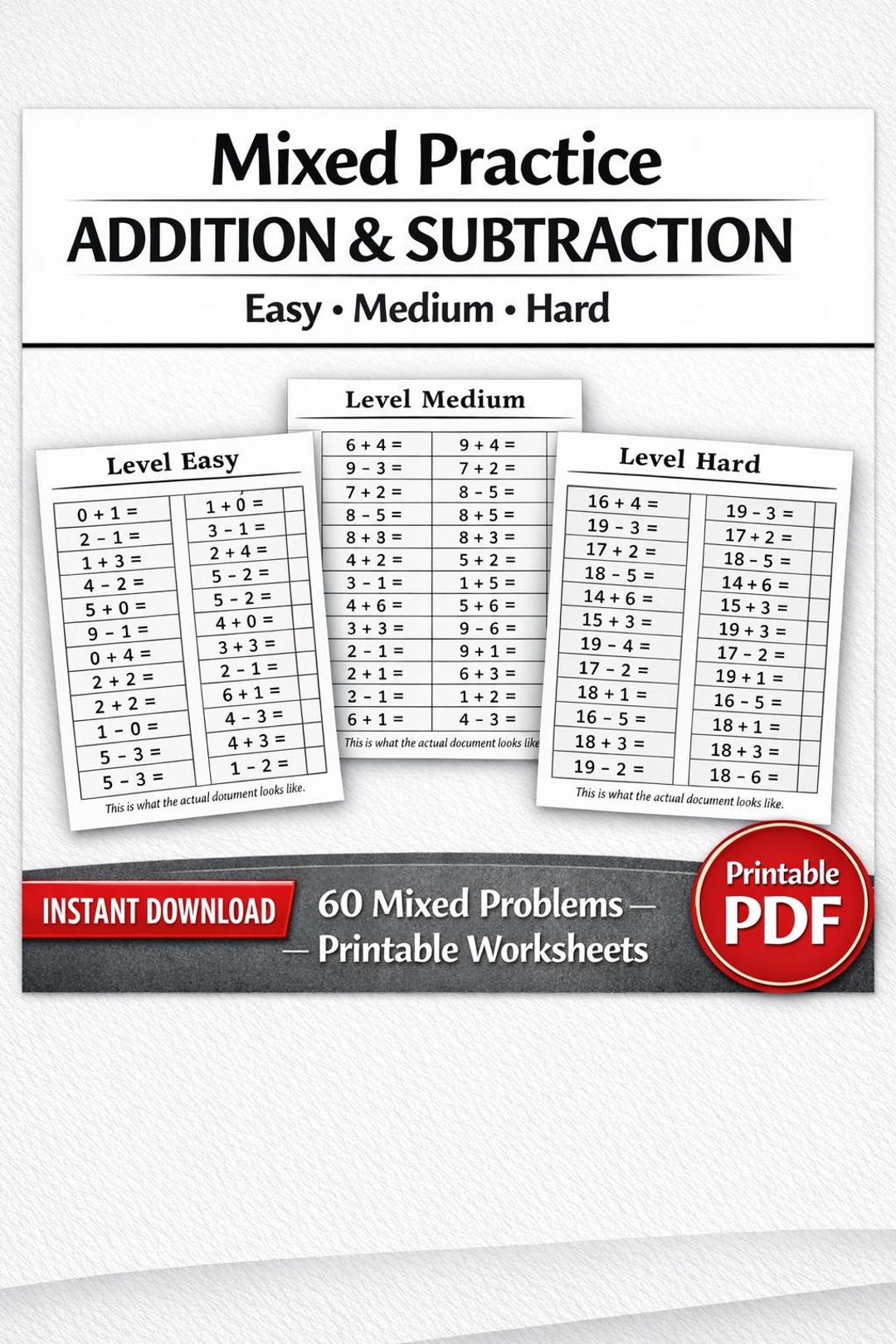 Mixed Addition Subtraction Worksheets • Easy Medium Hard Levels (PDF ...