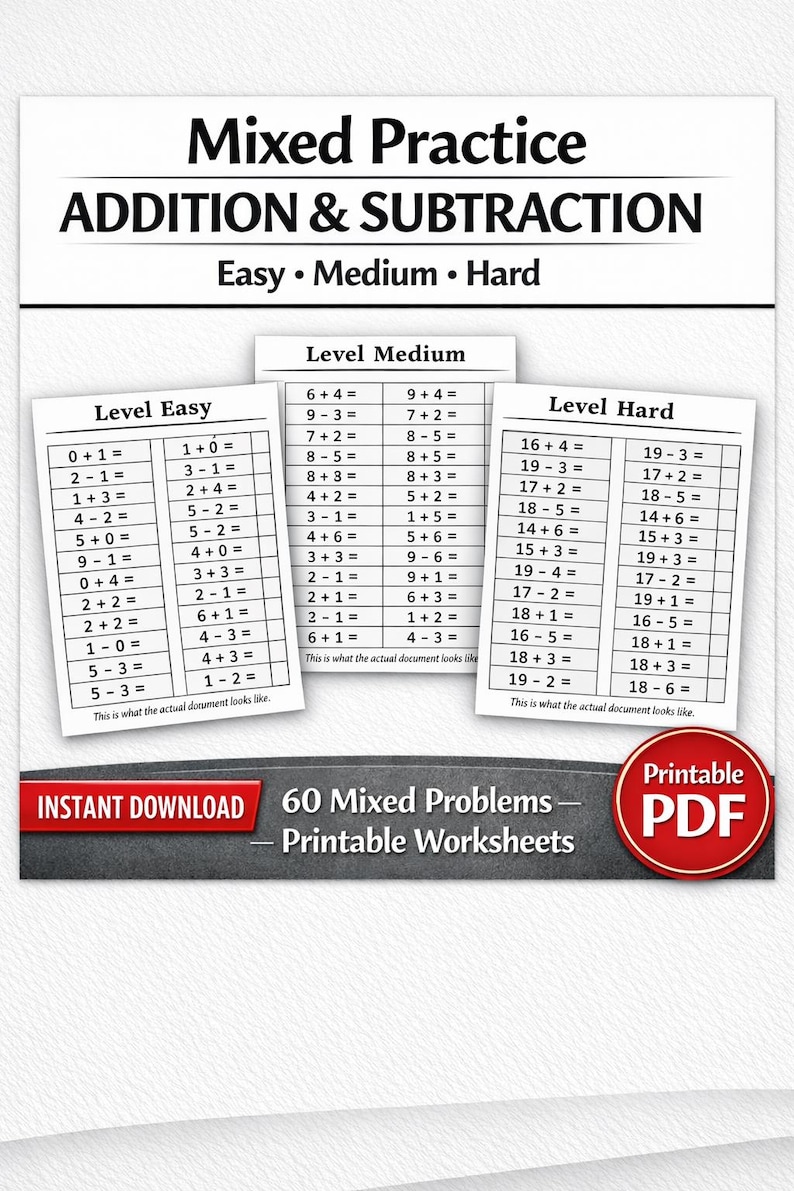 Mixed Addition & Subtraction Worksheets • Easy Medium Hard Levels • 60 ...
