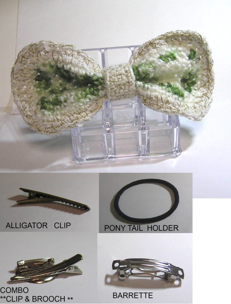 Hand Made Designed CROCHET GREEN White BOW Brooch Barrette Ponytail ...