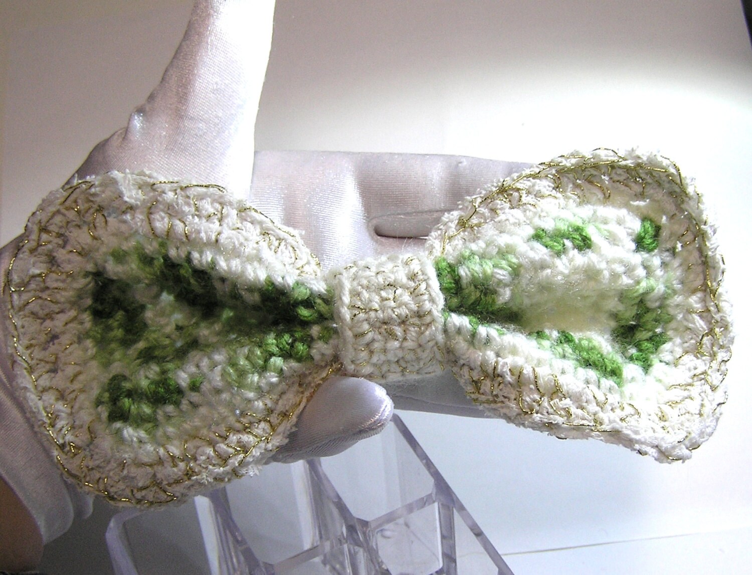 Hand Made Designed CROCHET GREEN White BOW Brooch Barrette Ponytail ...