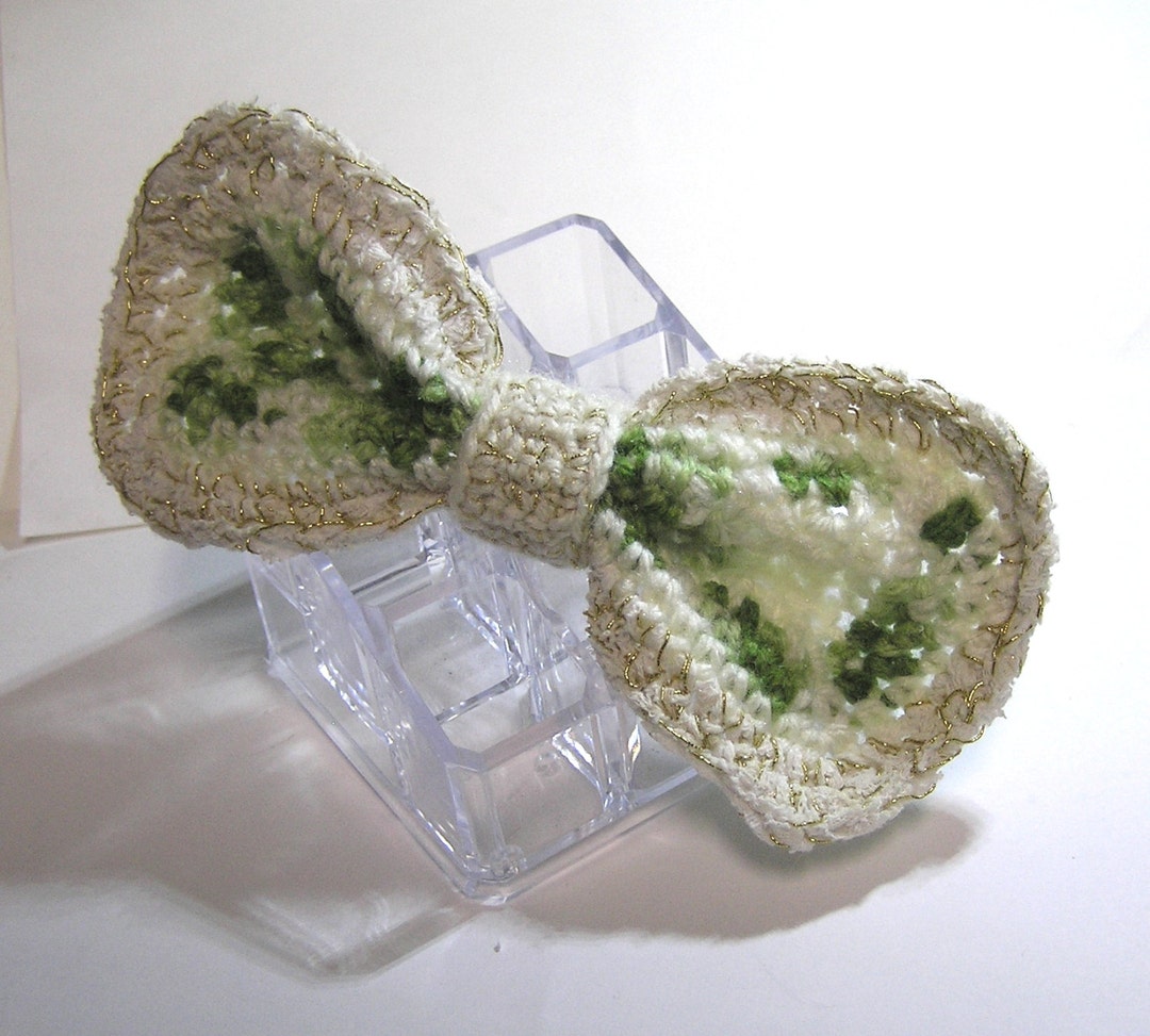 Hand Made Designed CROCHET GREEN White BOW Brooch Barrette Ponytail ...