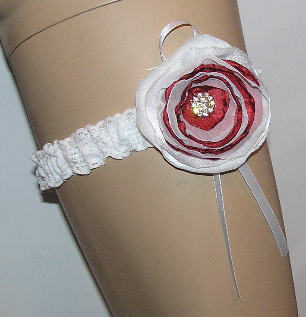 GARTER Red and White Flowers White Lace Elastic Hand Made Wedding ...