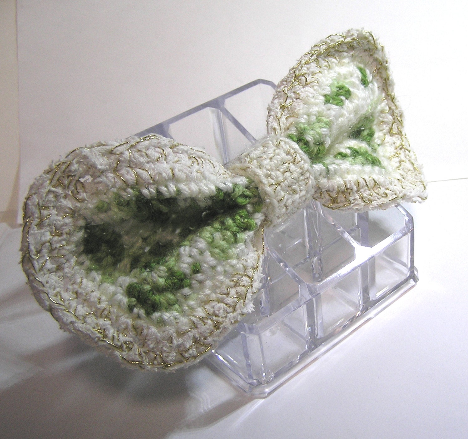 Hand Made Designed CROCHET GREEN White BOW Brooch Barrette Ponytail ...