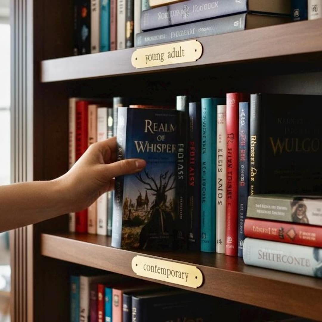 Wood Shelf Label, Solid Brass Library Plaque, Engraved Bookshelf Label ...