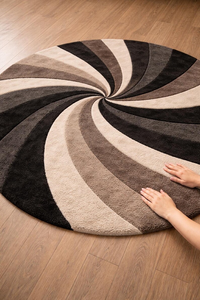 Round Abstract Area Rug, Black White Beige Swirl Carpet, Modern Luxury ...
