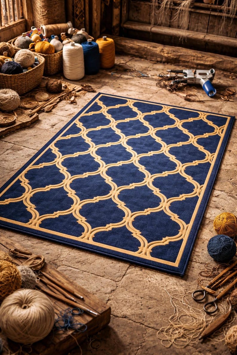 Navy Blue Moroccan Trellis Rug, Gold Geometric Carpet, Hand Tufted Wool ...