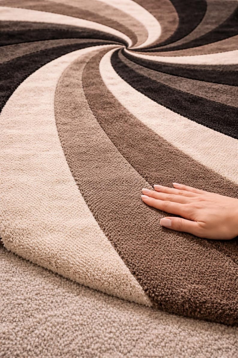 Round Abstract Area Rug, Black White Beige Swirl Carpet, Modern Luxury ...