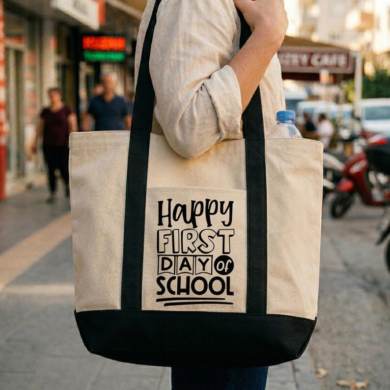 Happy First Day of School Tote Bag, Canvas Inspirational Teacher Gift ...