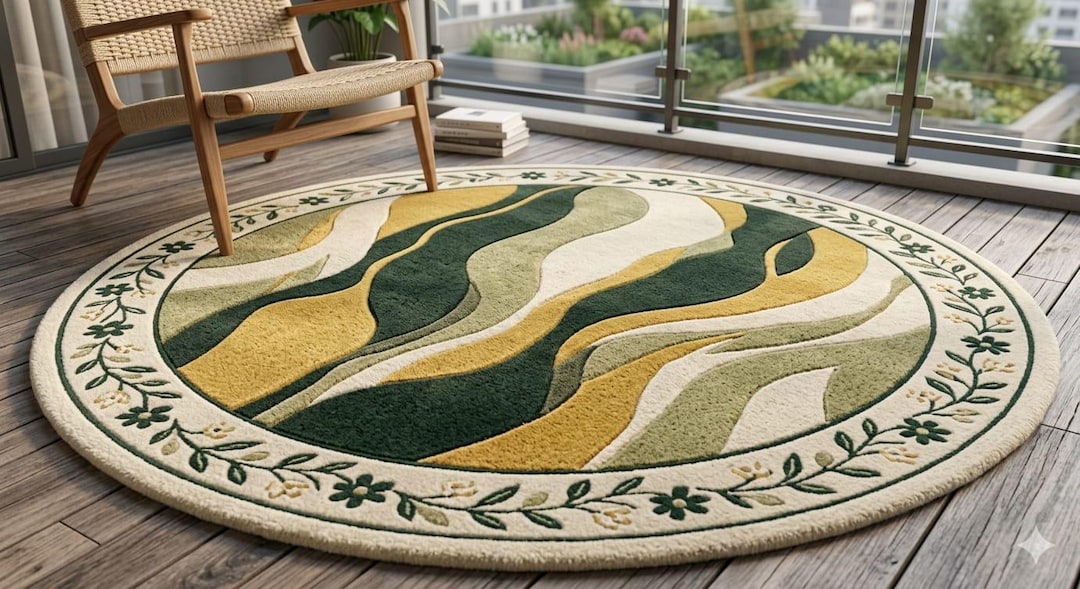 Luxury Round Hand Tufted Rug, Green Floral Border Wool Carpet, Modern ...