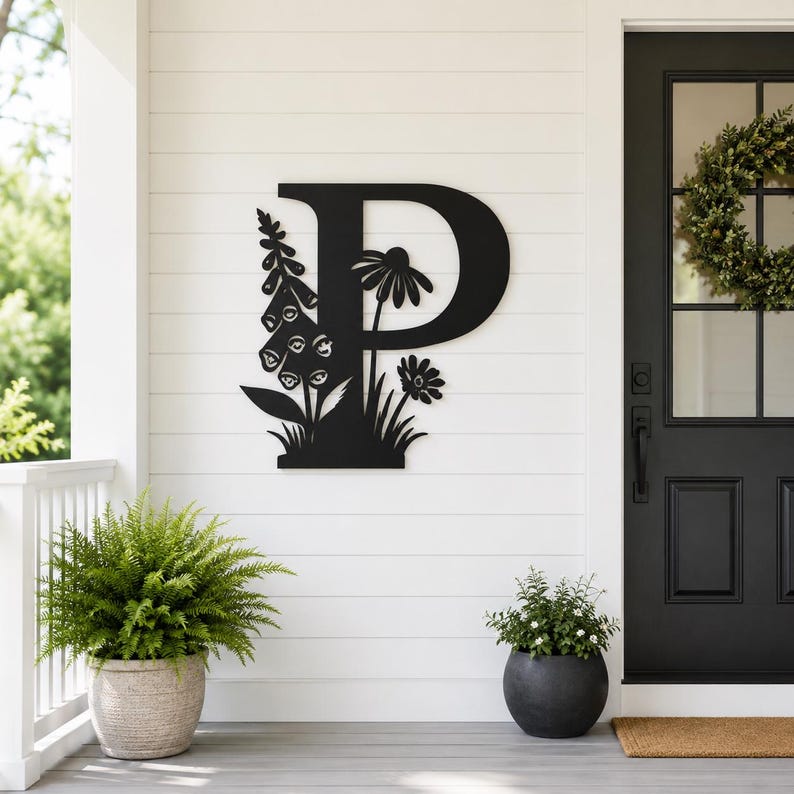 Custom Floral Monogram Metal Wall Art, Botanical Letter Decor ...
