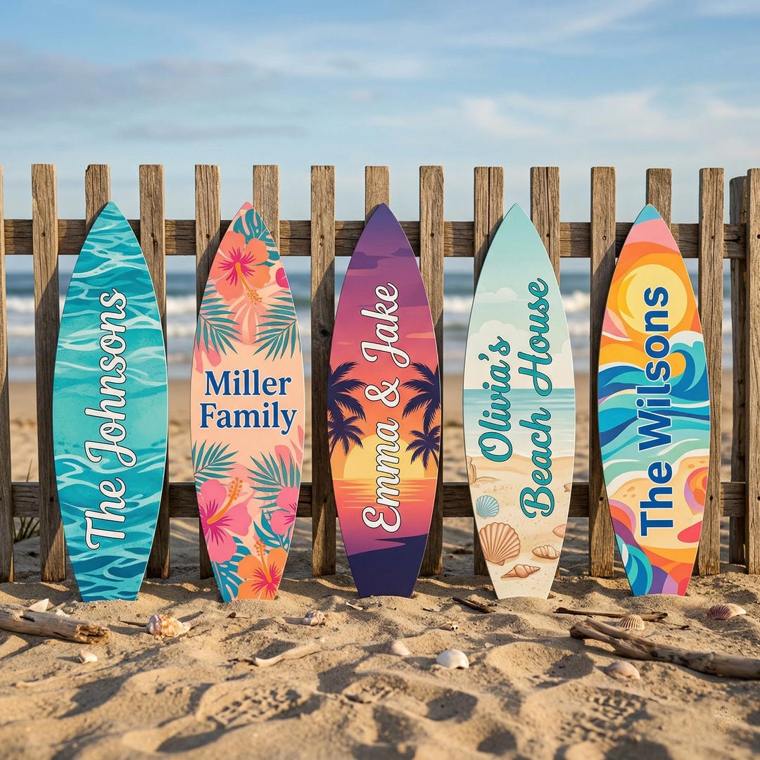 Personalized Surfboard Metal Sign, Custom Beach House Decor, Coastal ...