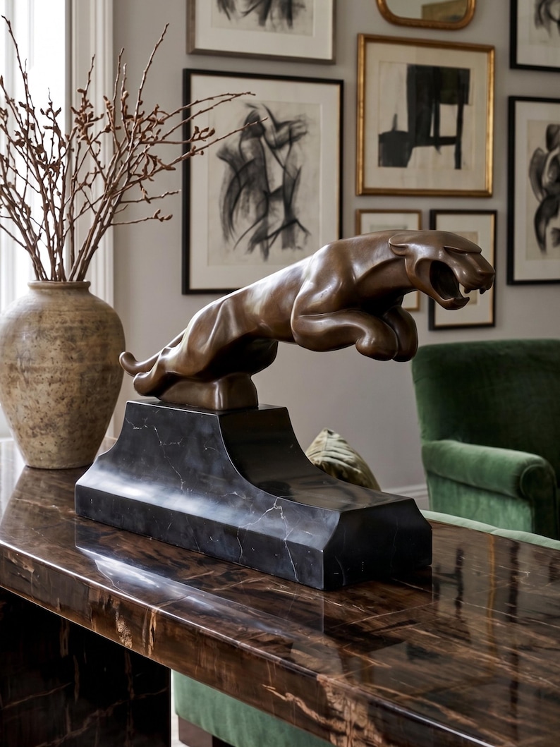 Large Art Deco Jaguar Sculpture in Patinated Bronze on a Black ...