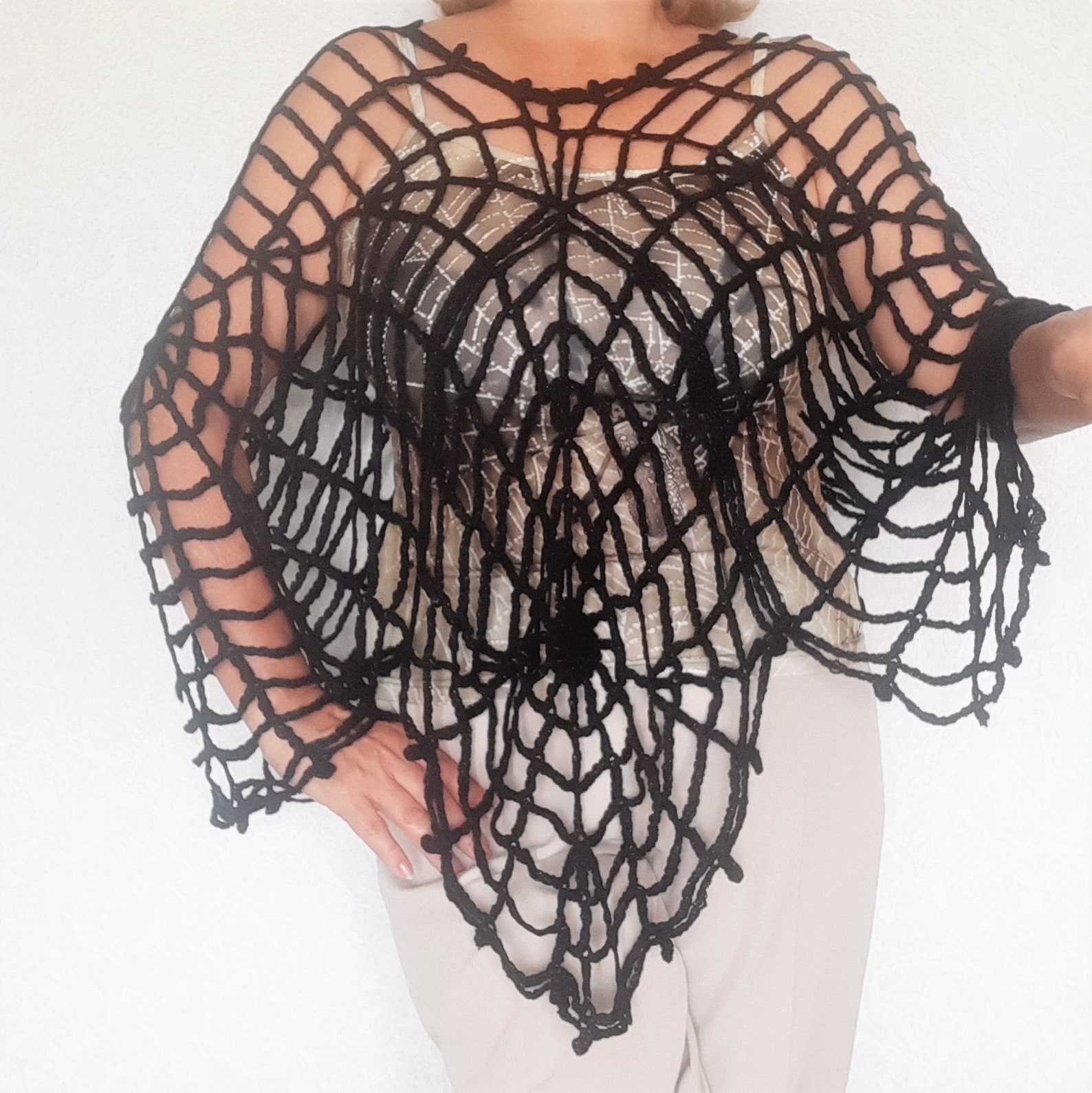 Halloween Outfit Black Spider Web Poncho Cape & Mittens Size S-M Gothic ...