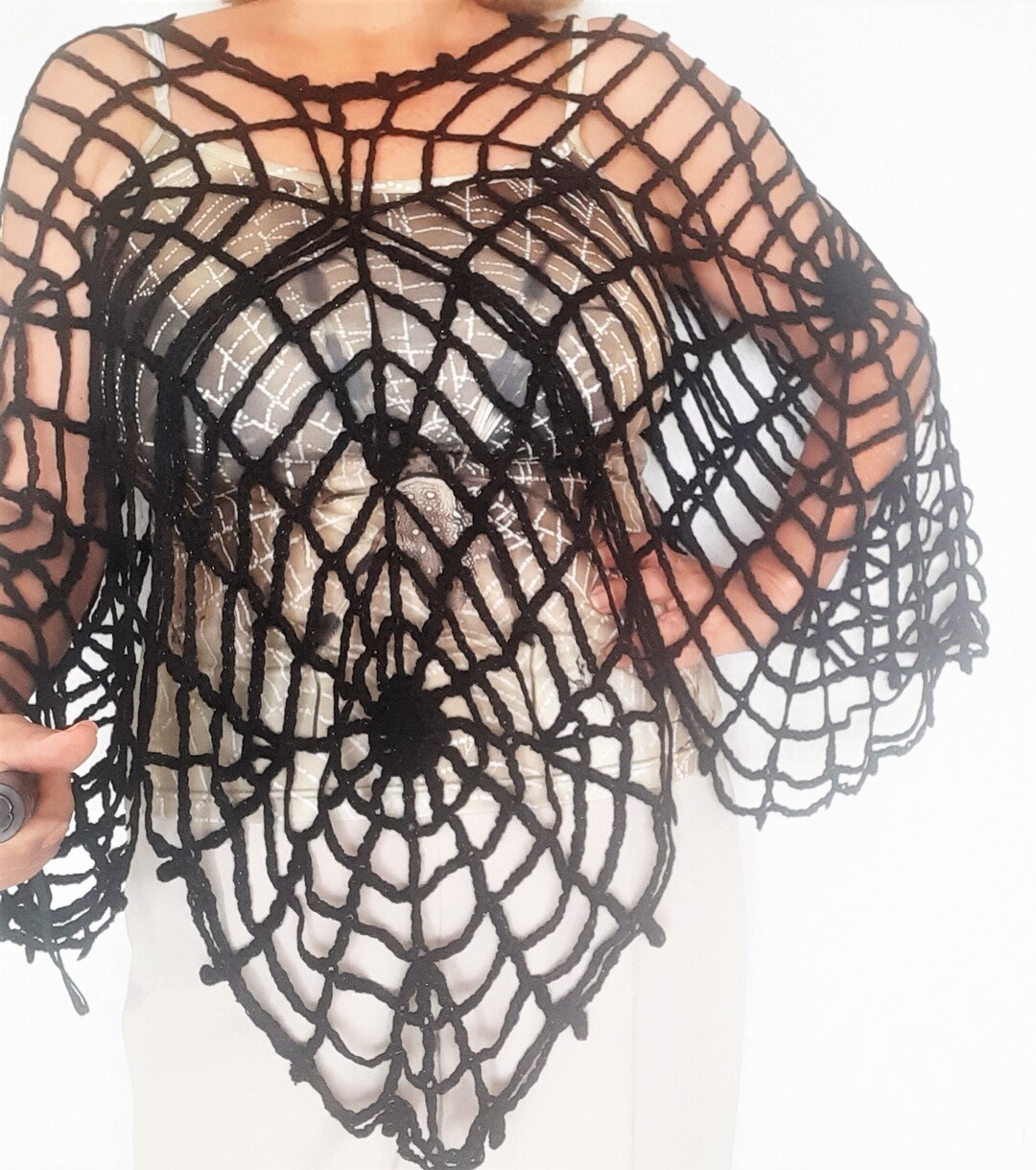 Halloween Outfit Black Spider Web Poncho Cape & Mittens Size S-M Gothic ...