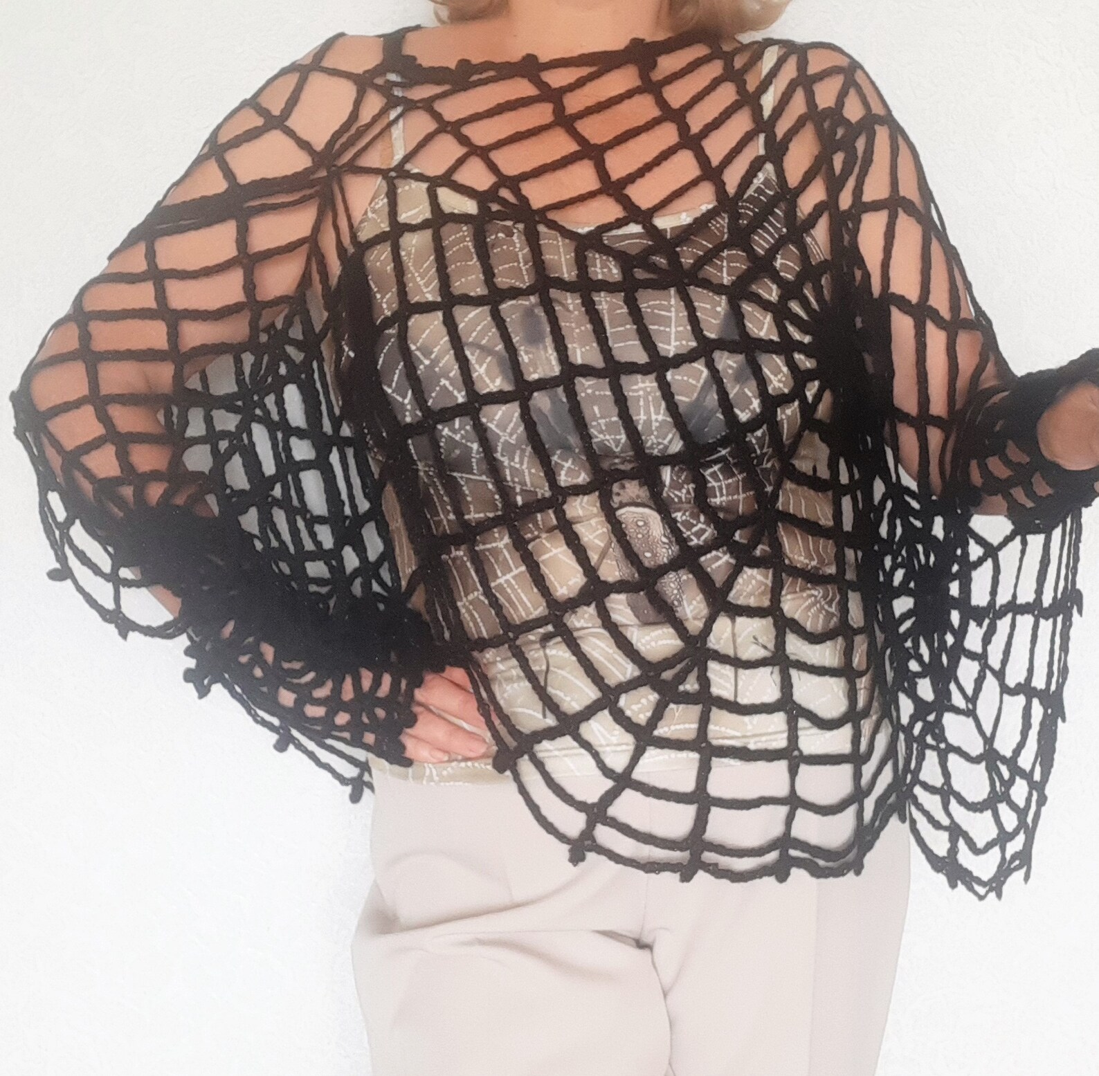 Halloween Outfit Black Spider Web Poncho Cape & Mittens Size S-M Gothic ...