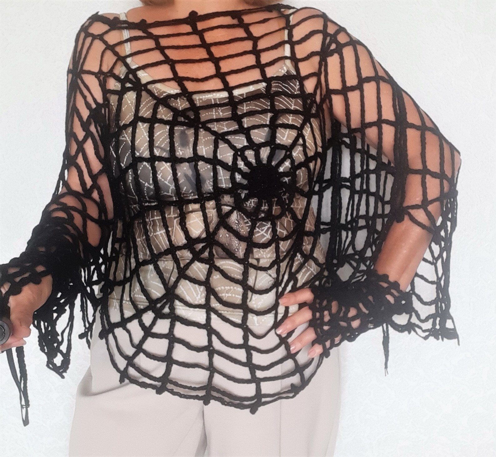 Halloween Outfit Black Spider Web Poncho Cape & Mittens Size S-M Gothic ...