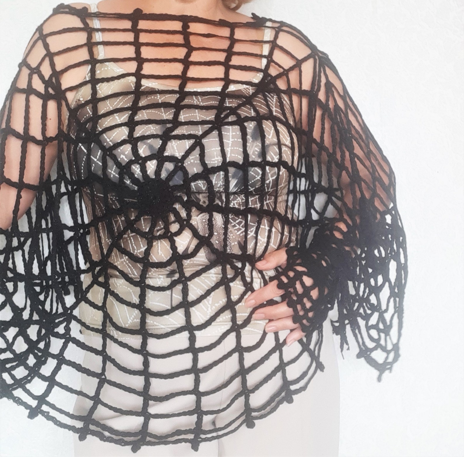 Halloween Outfit Black Spider Web Poncho Cape & Mittens Size S-M Gothic ...