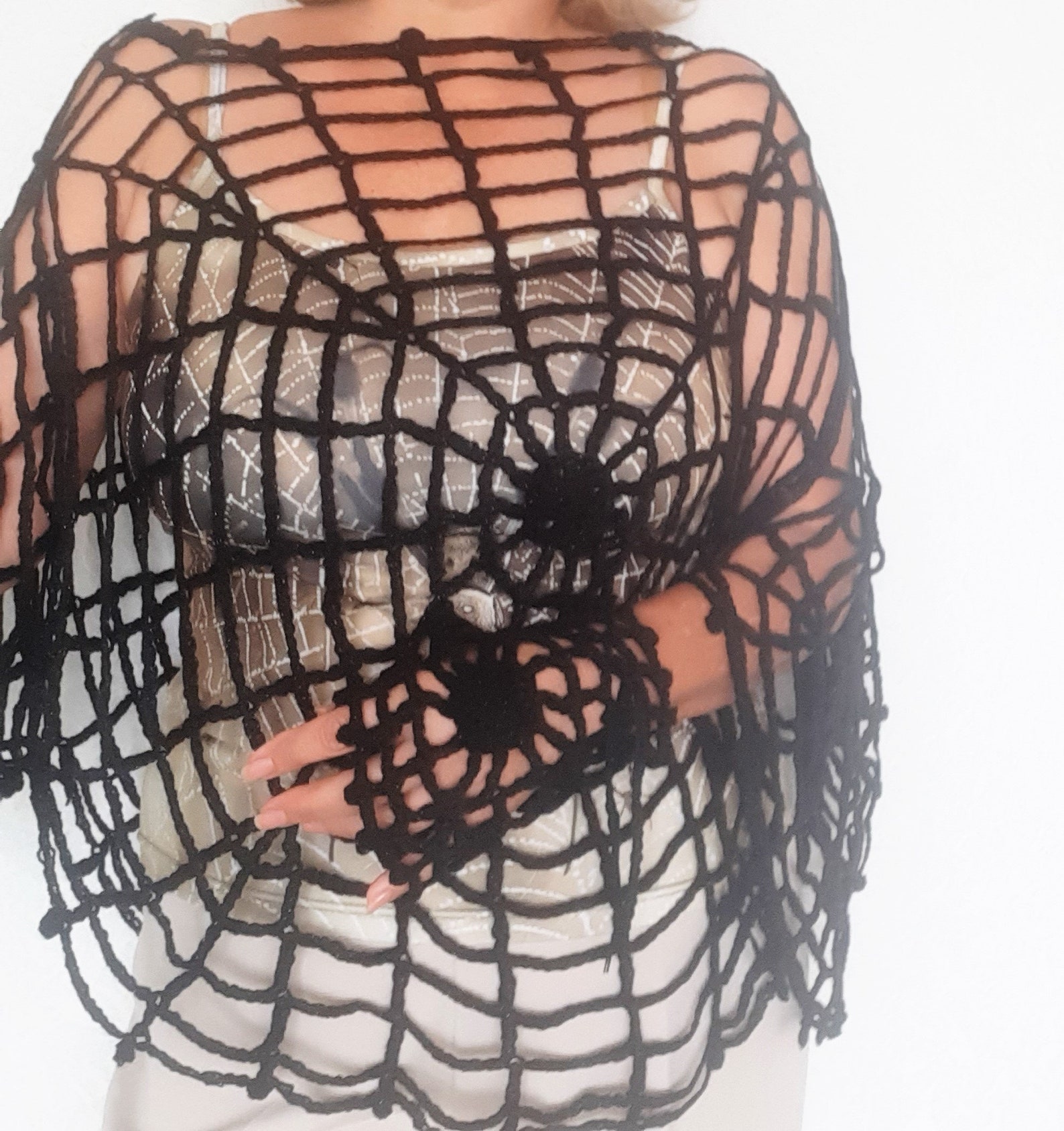Halloween Outfit Black Spider Web Poncho Cape & Mittens Size S-M Gothic ...