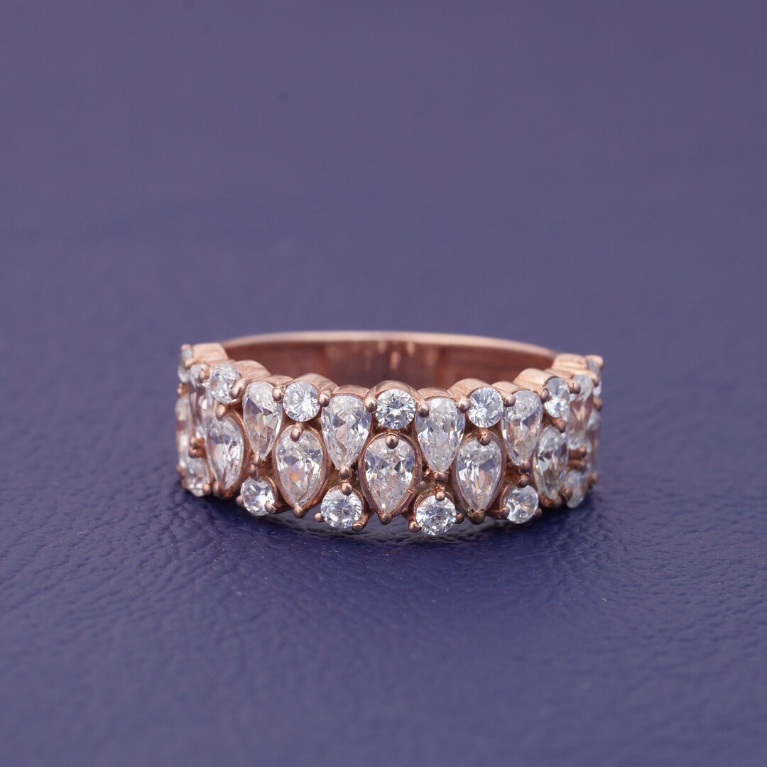Rose Gold Moissanite Stackable Band, Half Eternity Style, Round Pear ...