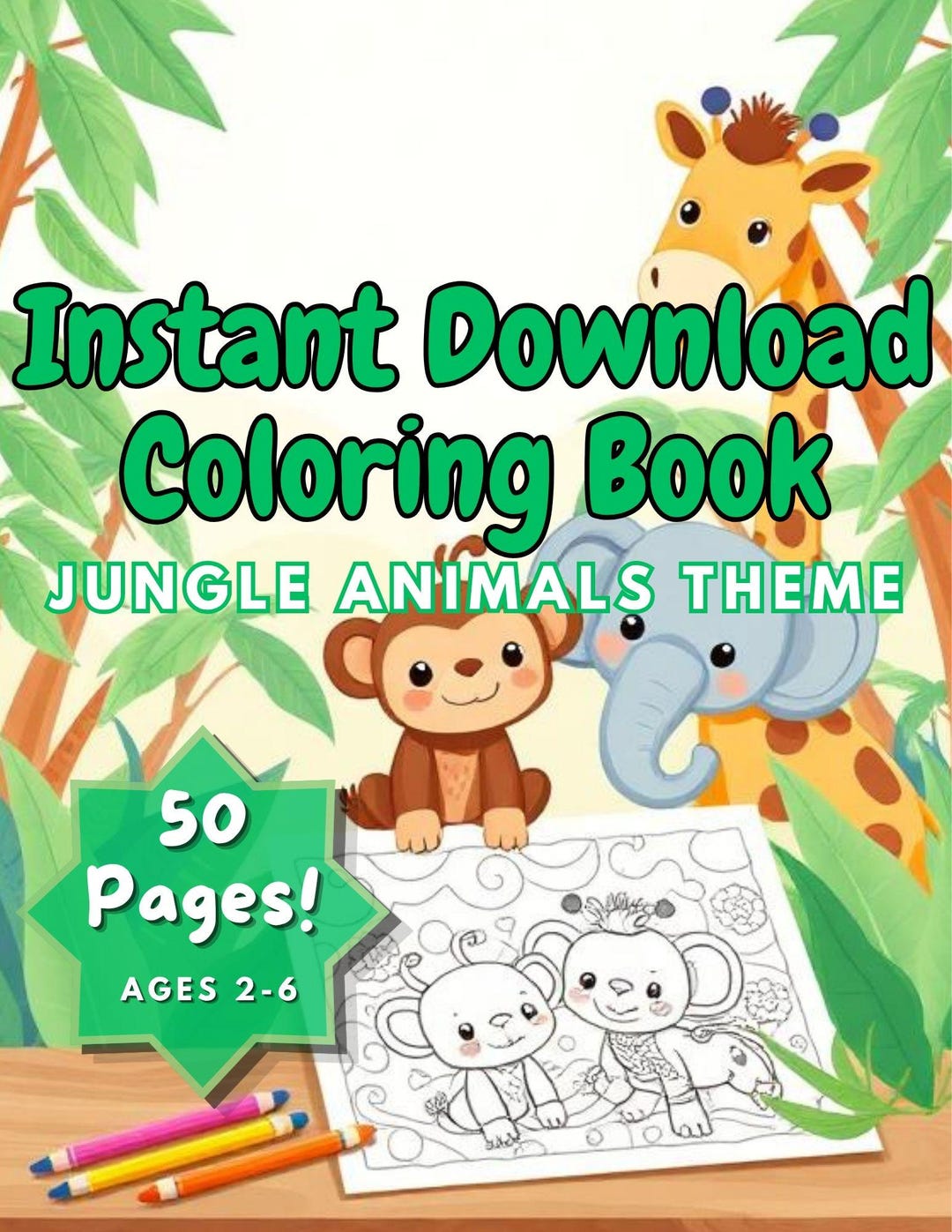 Fun Colorful Jungle Animals Coloring Book Kids Ages 2-6 Cute Big Lion ...
