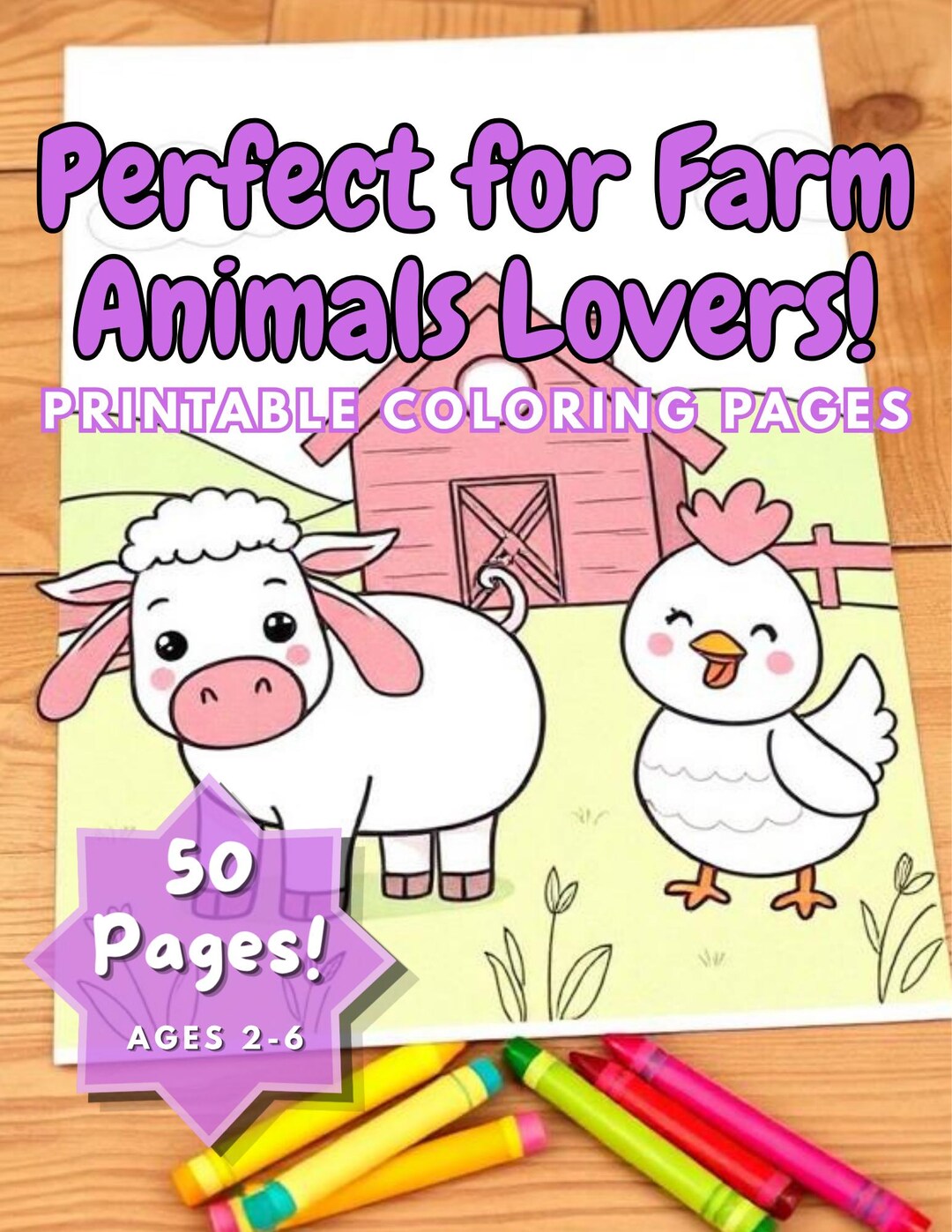Farm Animals Coloring Book Kids Ages 2–6 Cute Cow Pig Horse Chicken ...