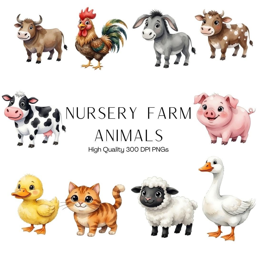 Watercolor Nursery Farm Animals Clipart Bundle | 19 Cute Barnyard ...