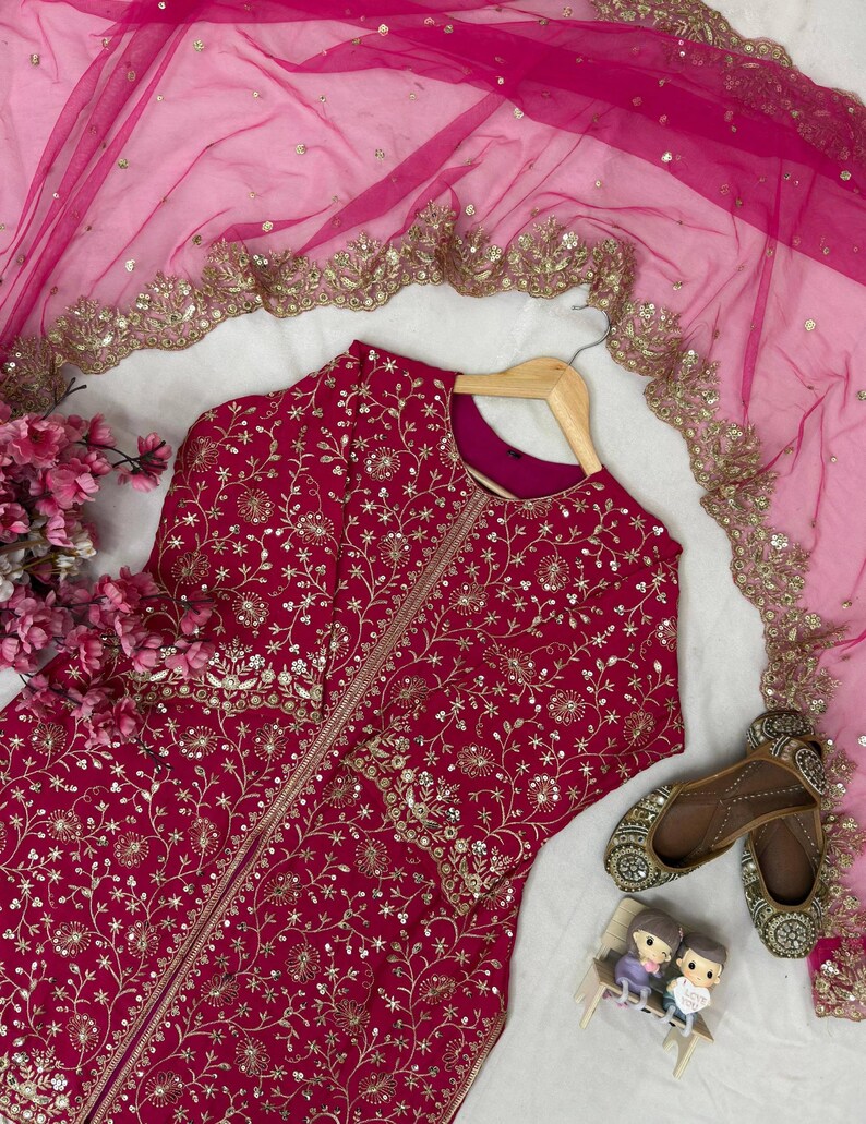 Designer Chinnon Silk Sharara Suit | Sequin Zari Embroidery Wedding ...