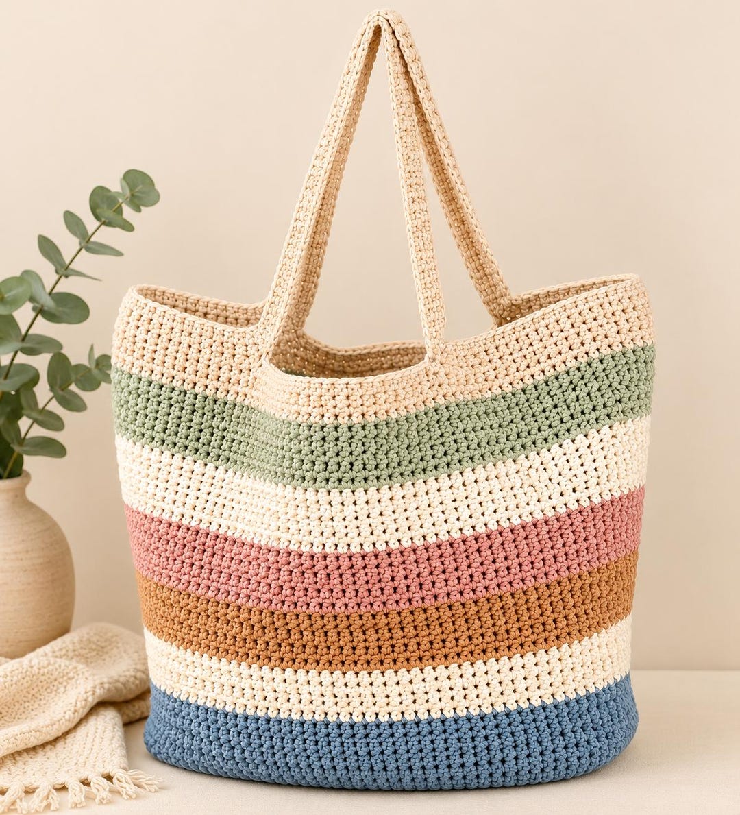 Striped Crochet Tote Bag PDF Pattern | Market Shopper Bag (digital ...