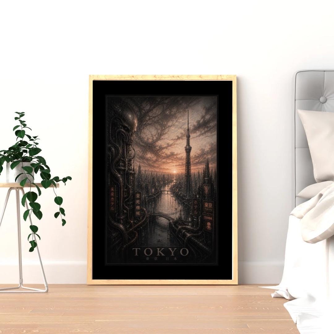 Tokyo Landscape Dark Dystopian Art Print, Dark Fantasy Cyberpunk Wall ...